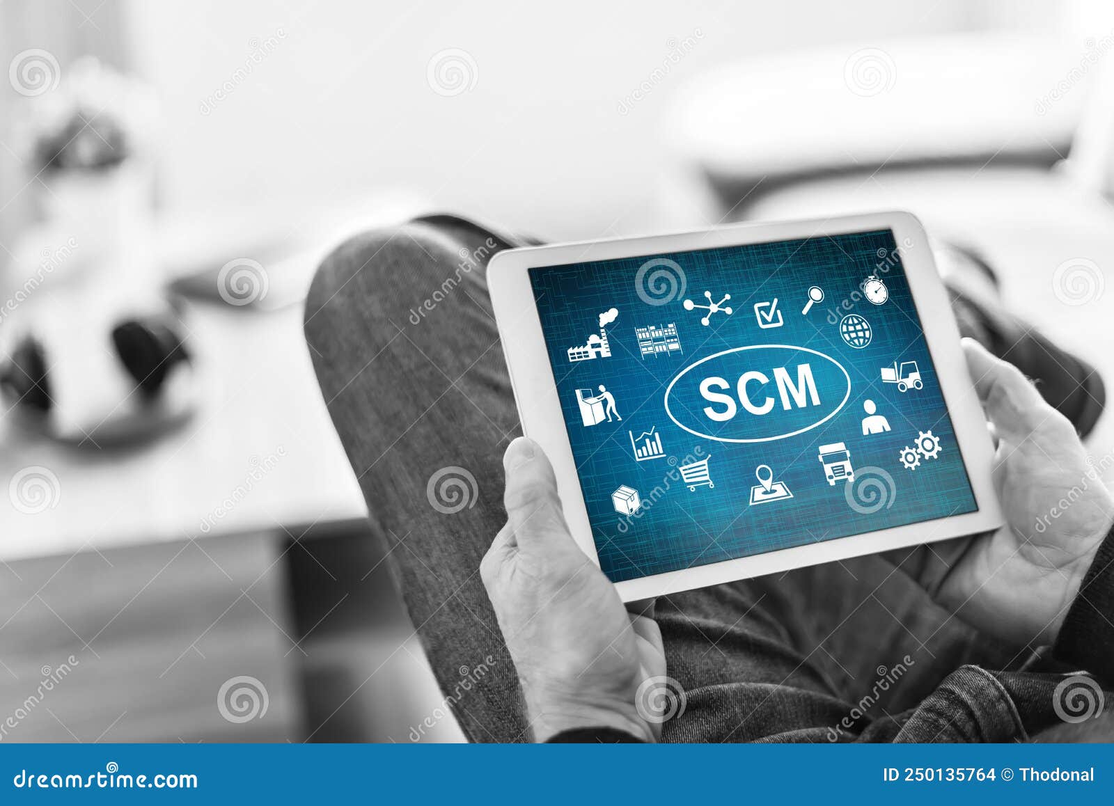 Scm concept on a tablet stock photo. Image of marketing - 250135764