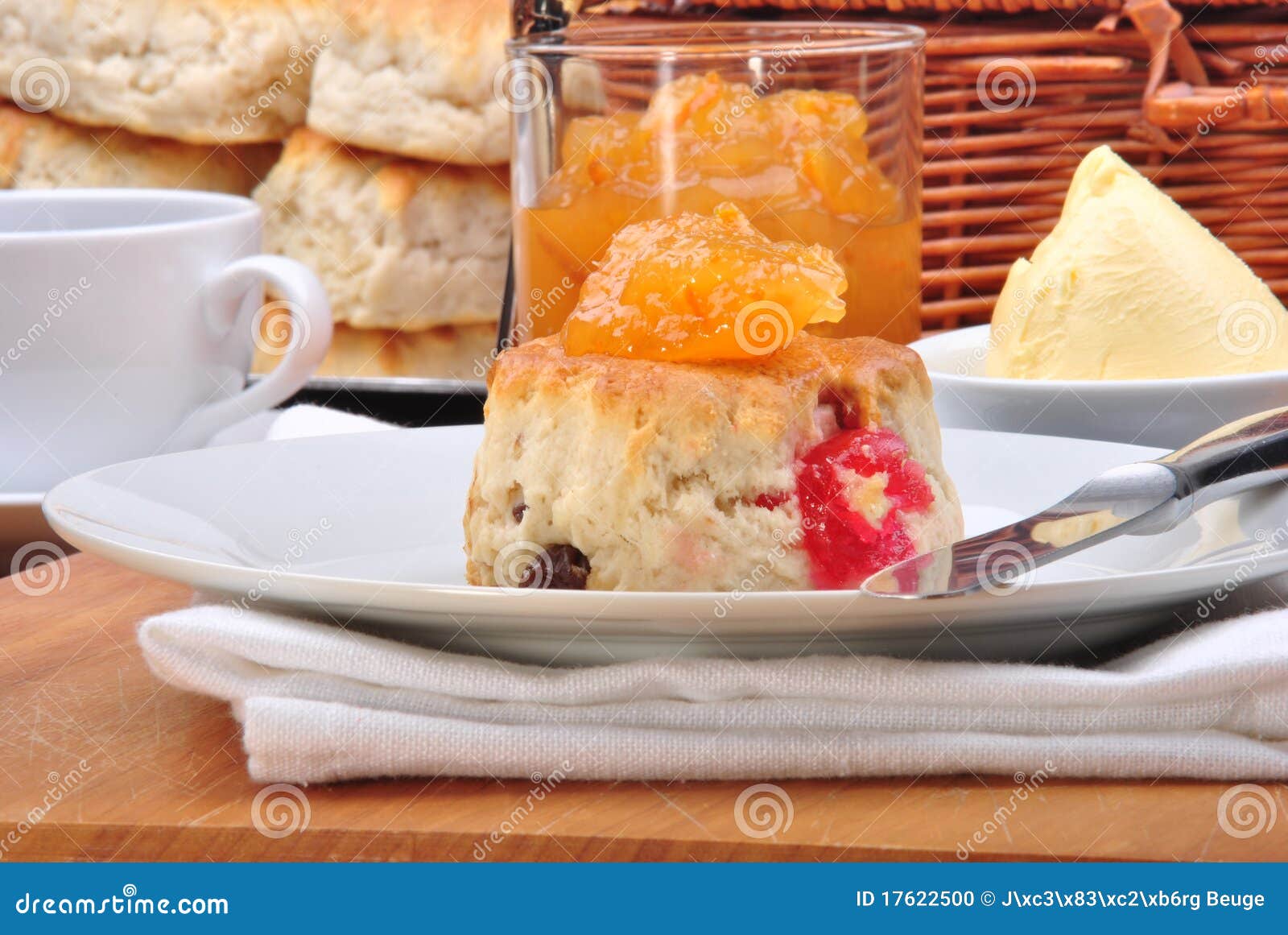 Scone with Jam on a White Plate Stock Photo - Image of traditionally ...