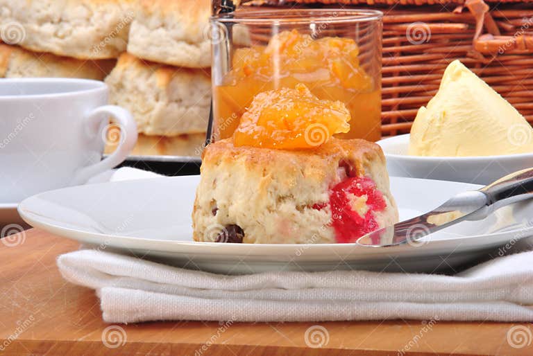 Scone with Jam on a White Plate Stock Photo - Image of traditionally ...