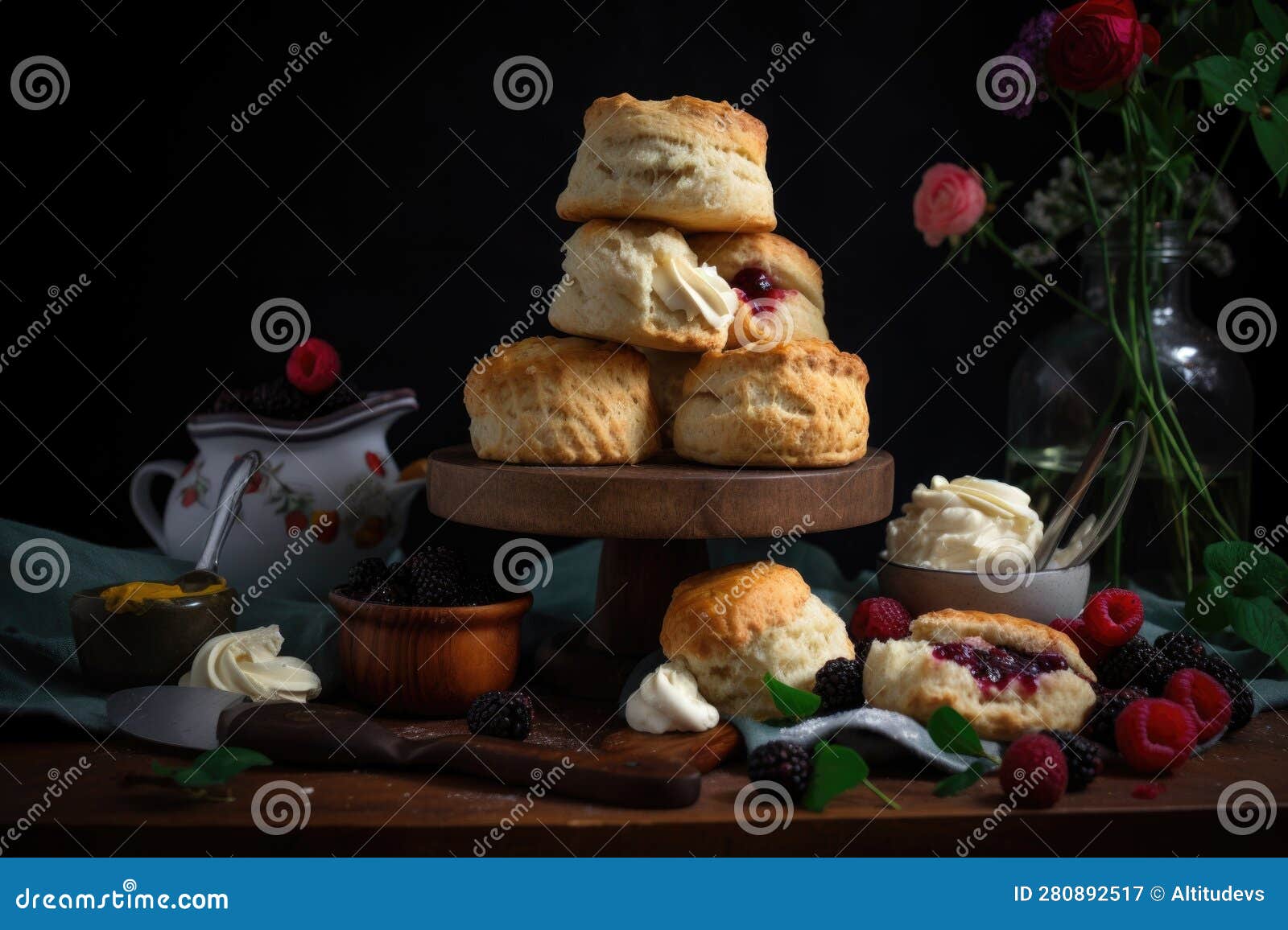 Scone Tower, Stacked High with Scones and Toppings Stock Illustration ...