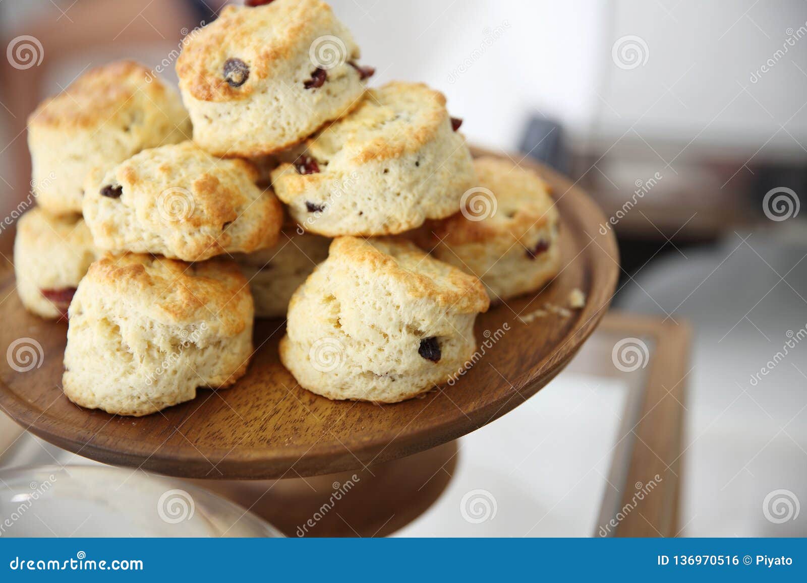 Scones on wooden tray stock photo. Image of scones, strawberry - 136970516