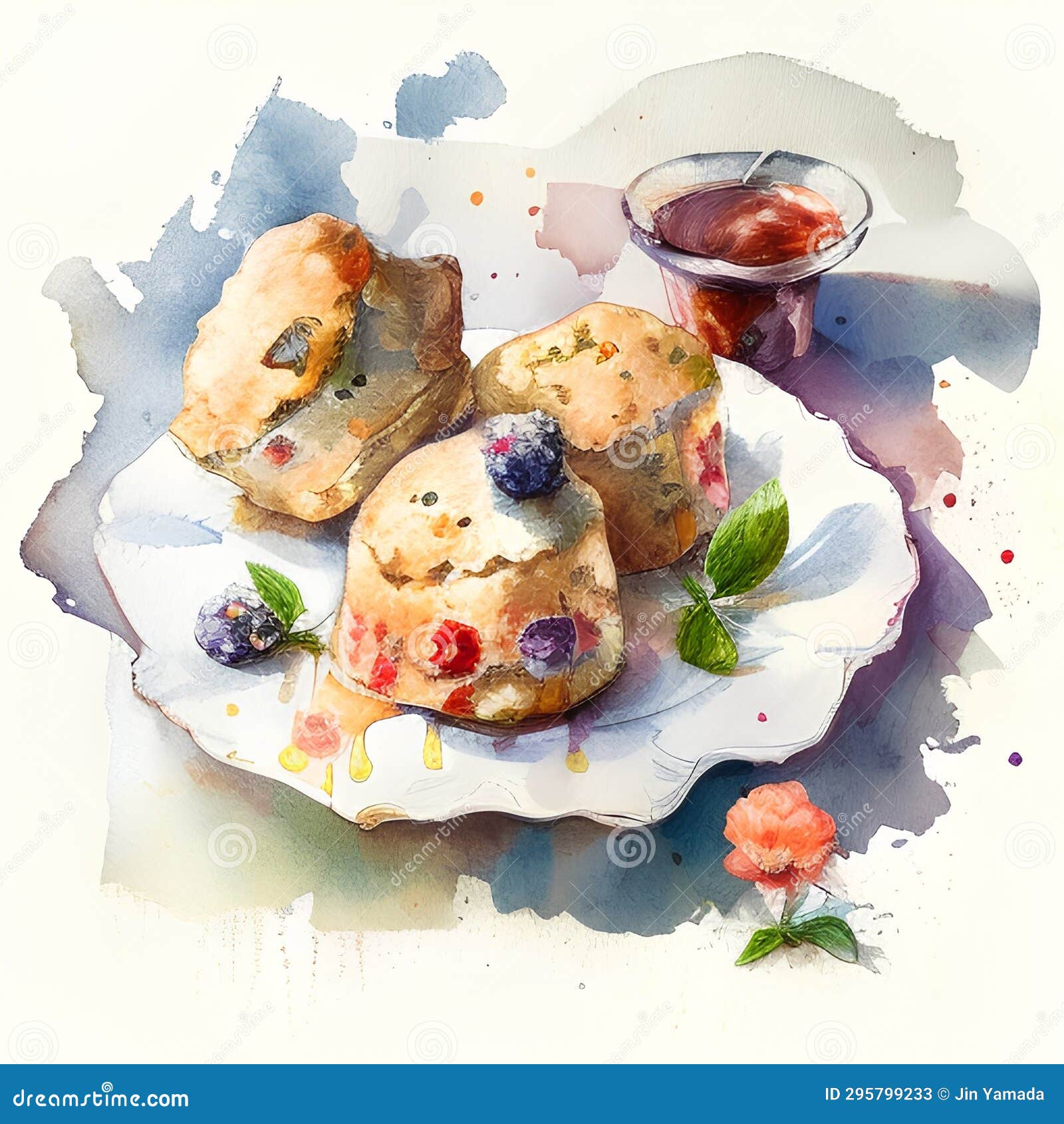 Scones with Berries on a White Plate. Watercolor Illustration Stock ...