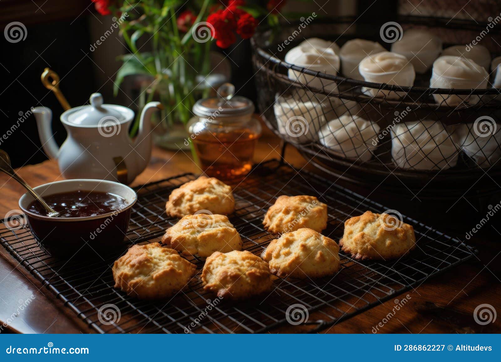 Scones Cooling on a Wire Rack with Tea Setup Stock Illustration ...