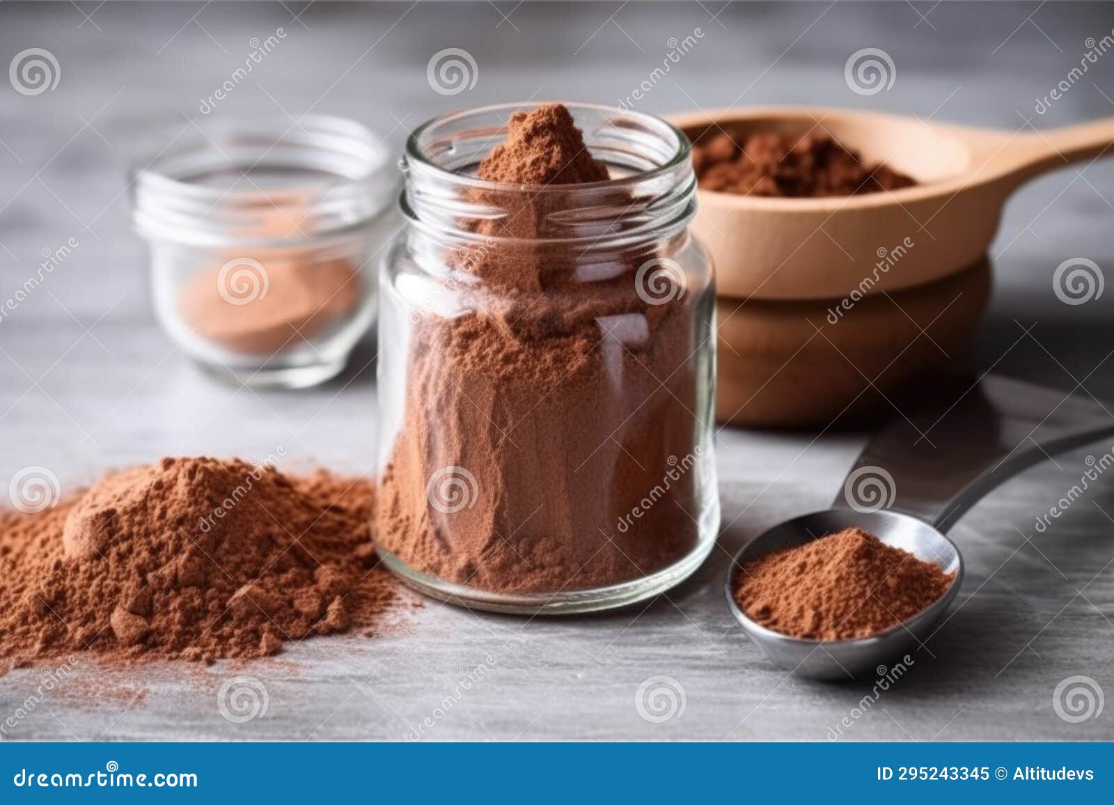 A Scoop of Cocoa Powder in a Glass Jar on a Kitchen Countertop Stock ...