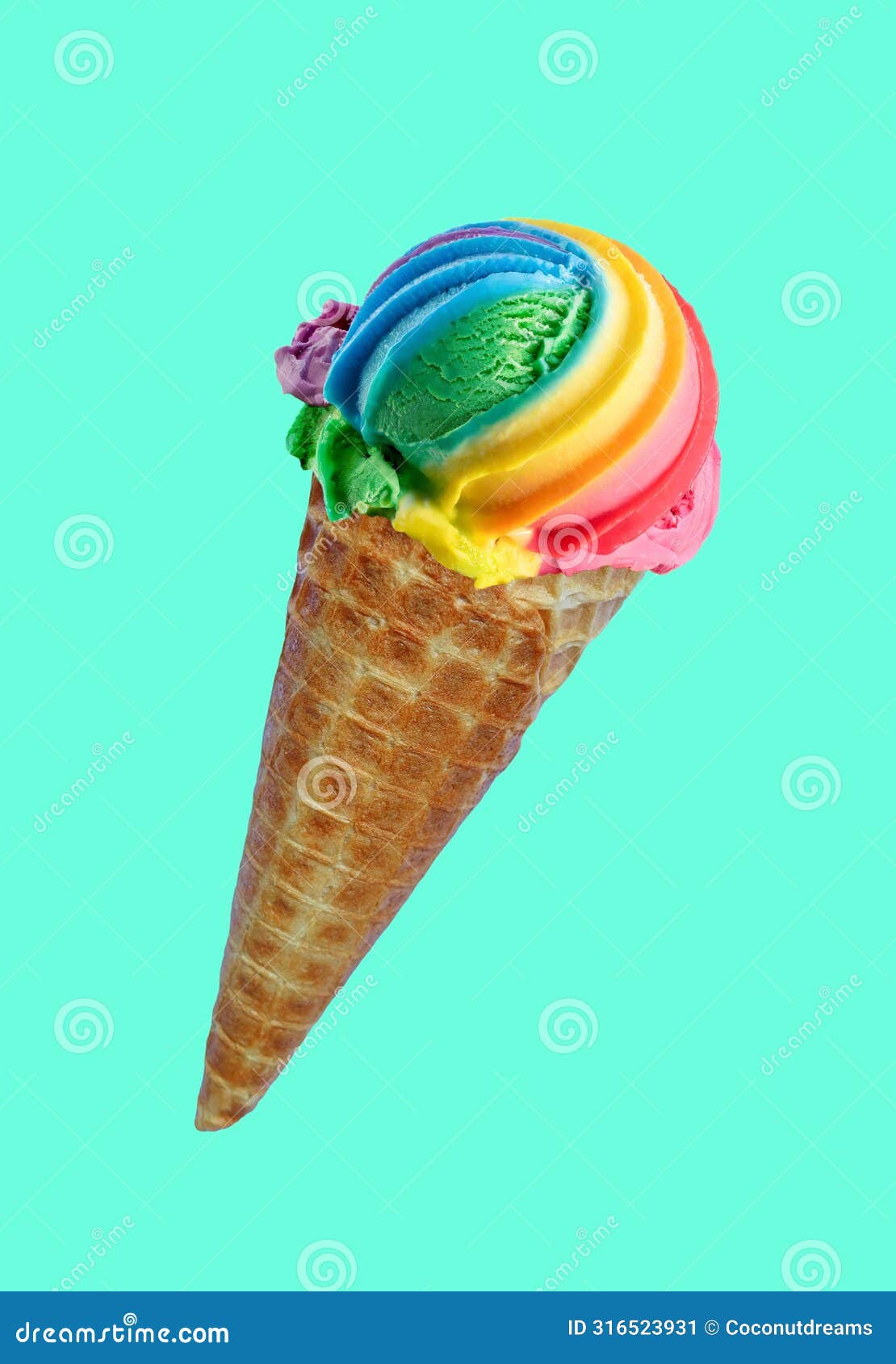 Scoop of Rainbow Colored Ice Cream Cone on Mint Green Background Stock ...