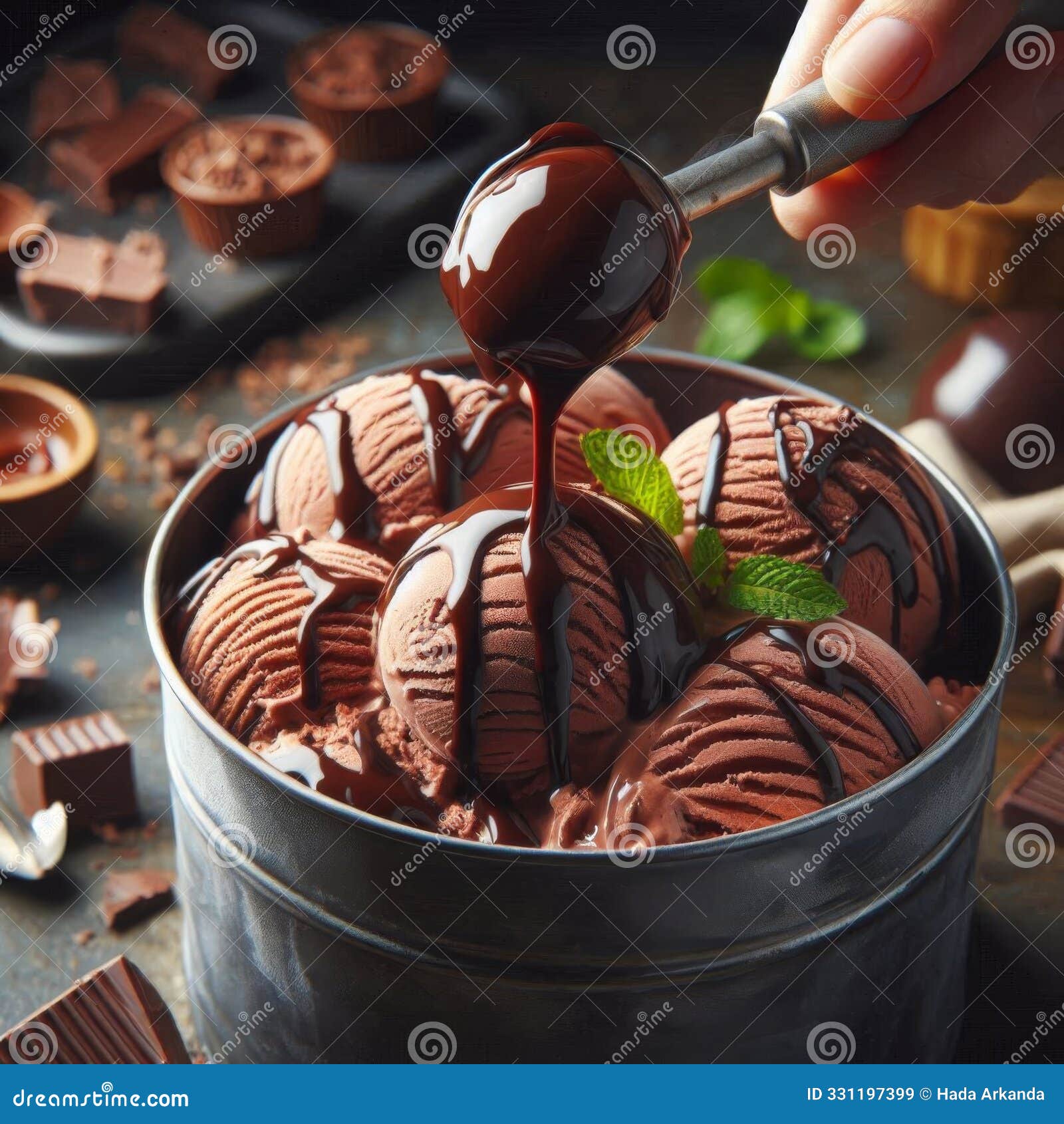 Scooping Rich Chocolate Ice Cream From Container Stock Photo ...