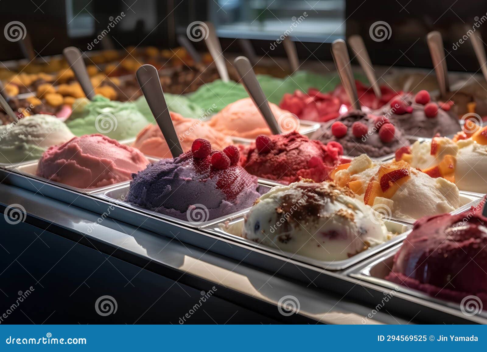 Scoops of Colorful Ice Cream in a Row on the Table Stock Illustration ...