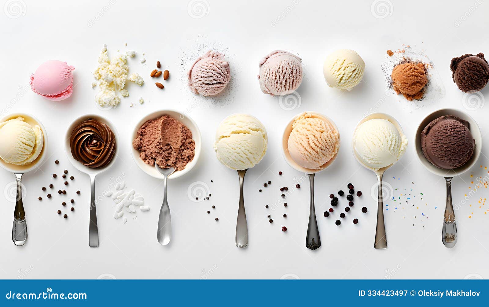 Scoops of Different Ice Creams and Ingredients on White Stock ...