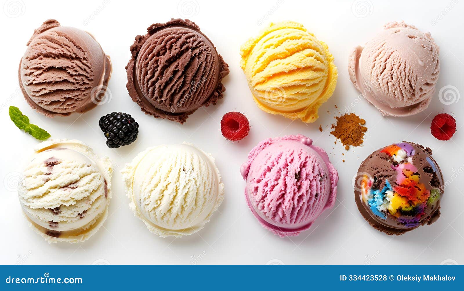Scoops of Different Ice Creams and Ingredients on White Stock ...