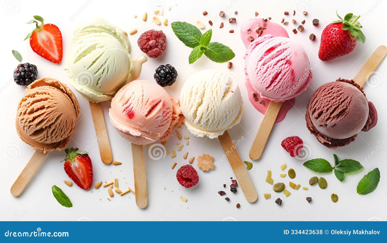 Scoops of Different Ice Creams and Ingredients on White Stock ...