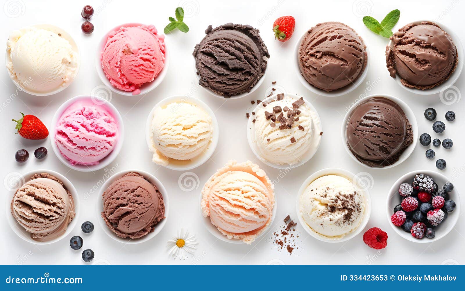 Scoops of Different Ice Creams and Ingredients on White Stock ...