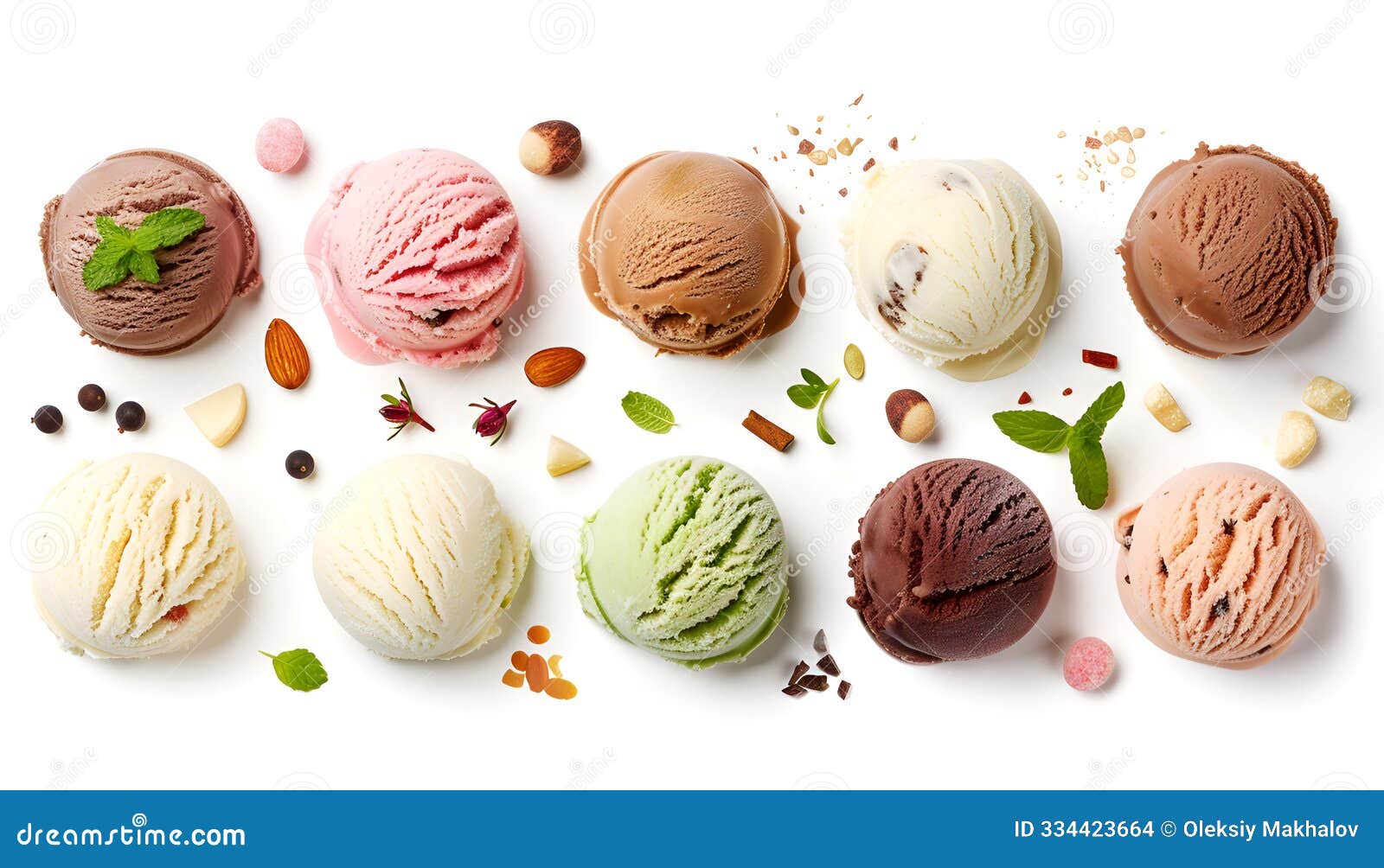 Scoops of Different Ice Creams and Ingredients on White Stock ...