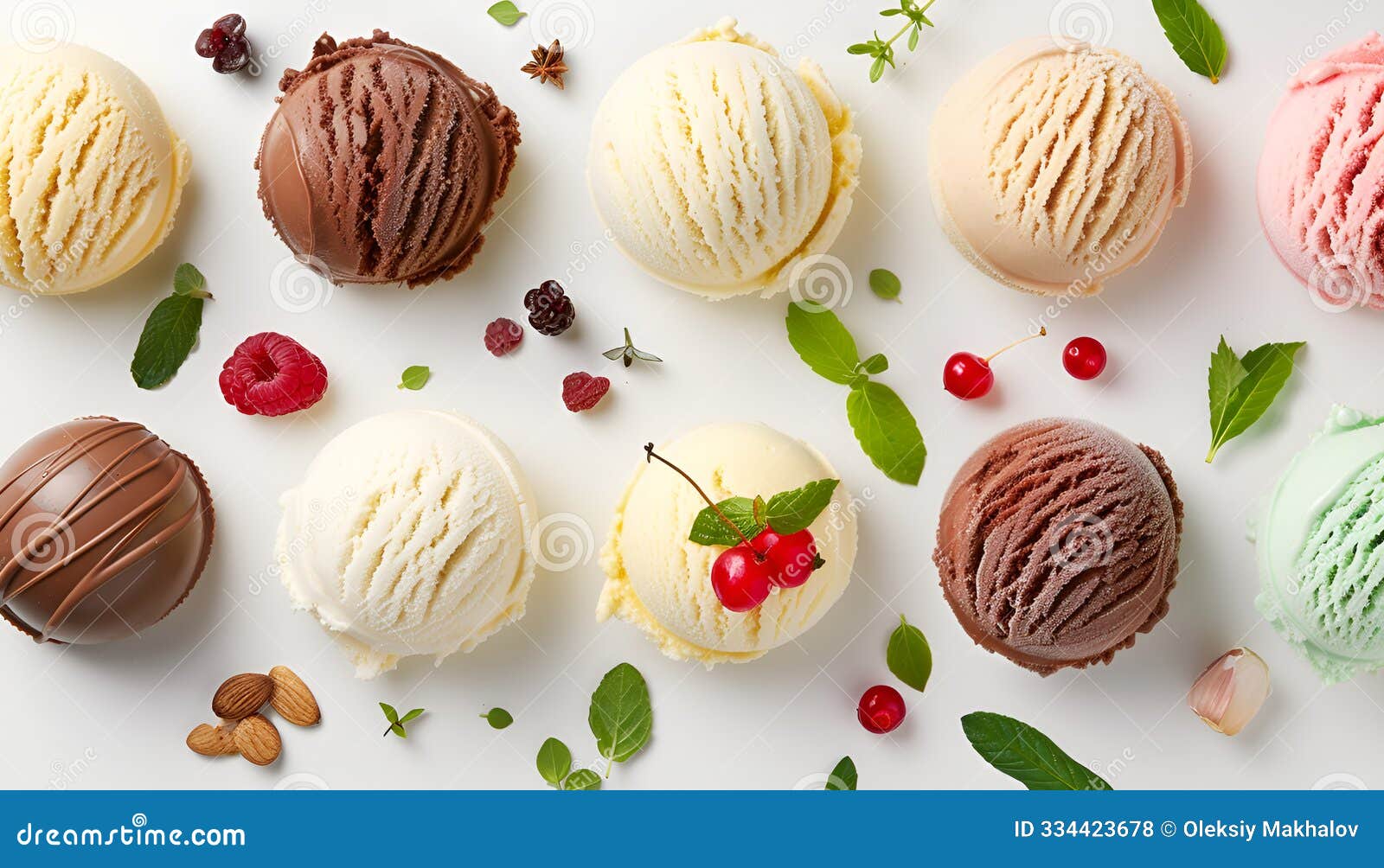 Scoops of Different Ice Creams and Ingredients on White Stock ...