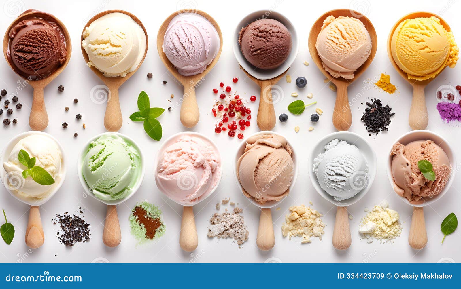 Scoops of Different Ice Creams and Ingredients on White Stock ...