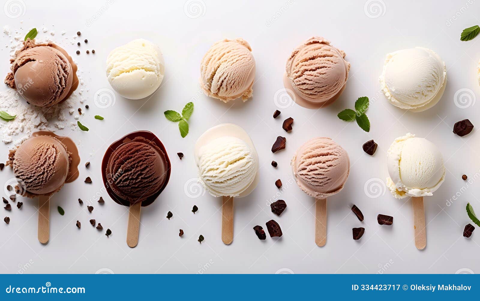 Scoops of Different Ice Creams and Ingredients on White Stock ...