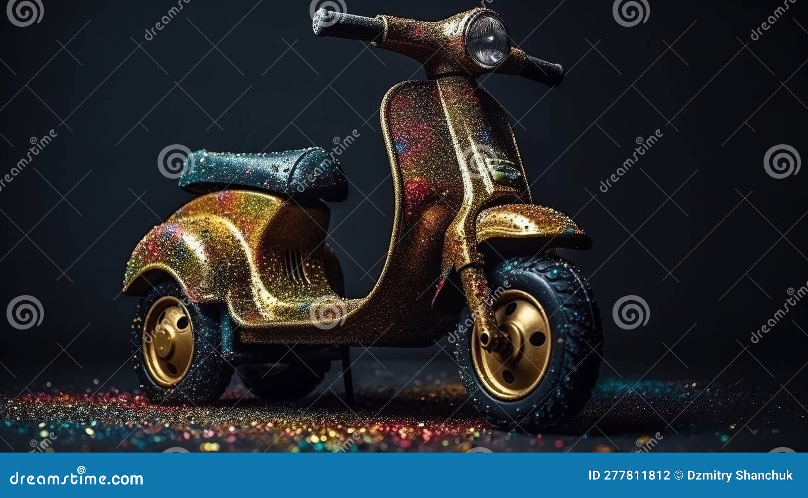 Scooter Covered with Colorful Particles on a Black Background ...