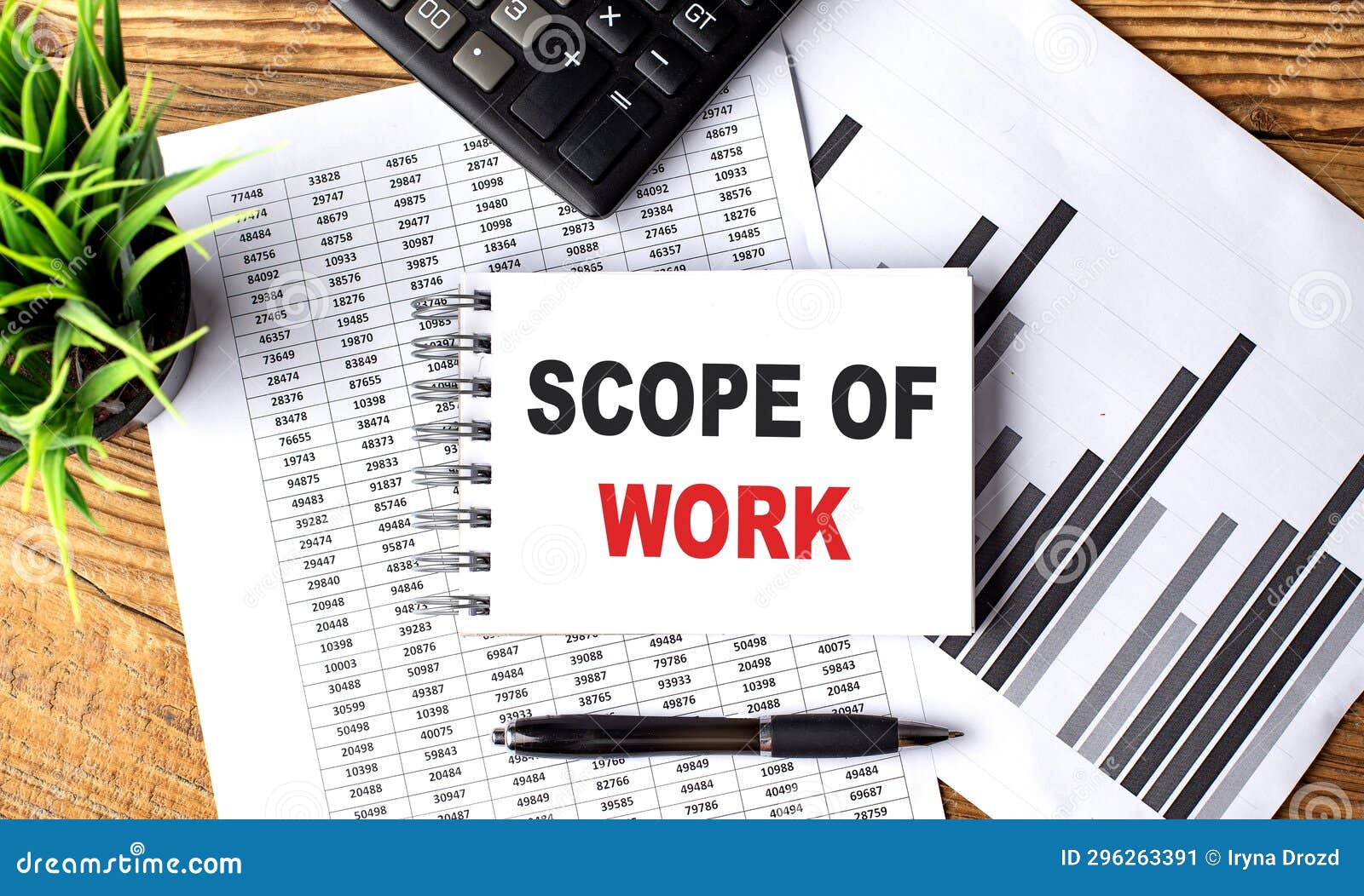 SCOPE of WORK Text on a Notebook with Chart and Calculator Stock Image ...