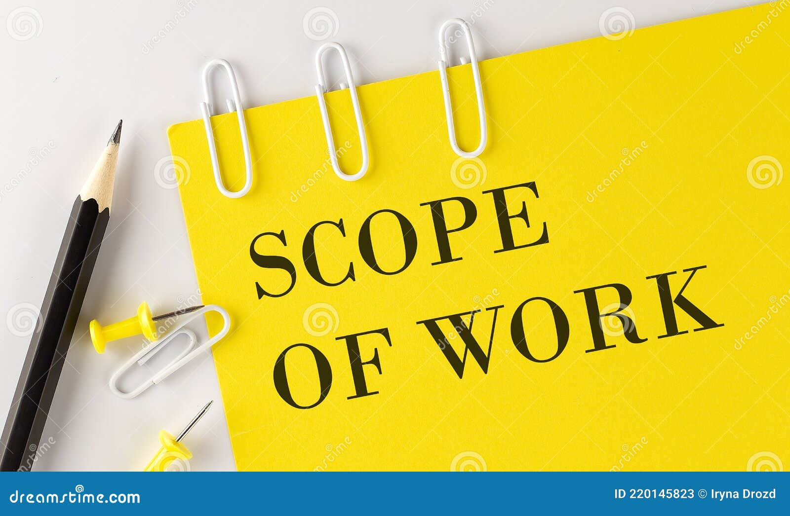 SCOPE of WORK Word on the Yellow Paper with Office Tools on White ...