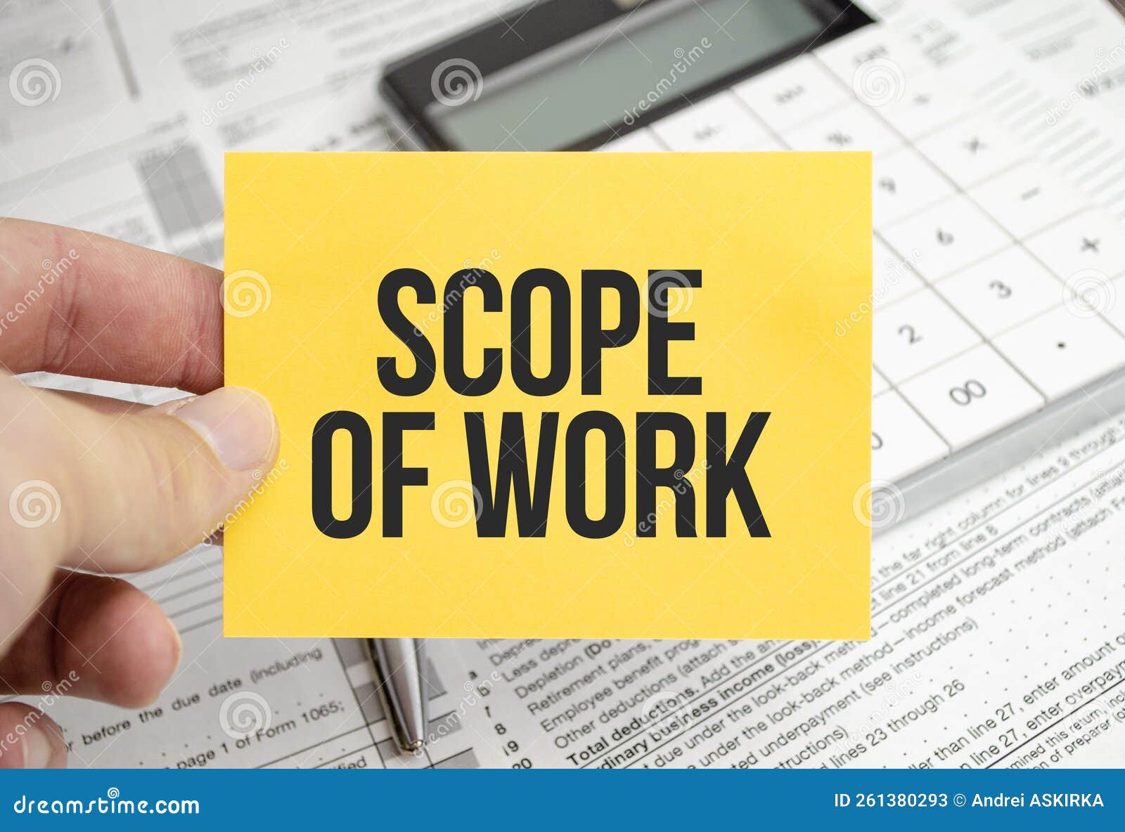 Scope of Work on Yellow Paper Sheet with Calculator and Tax Forms Stock ...