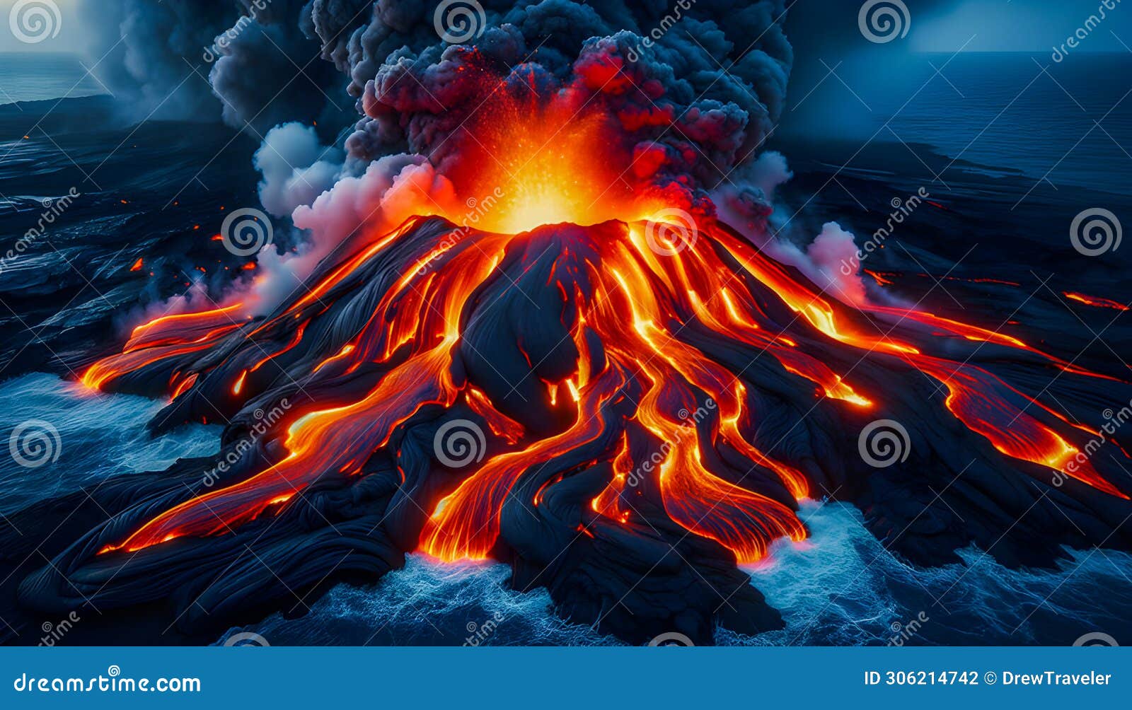 A Hot Smoke Lava Magma Flames Erupt Volcano Fire Erupting Flame Flow Surface Molten Hawaii Burn
