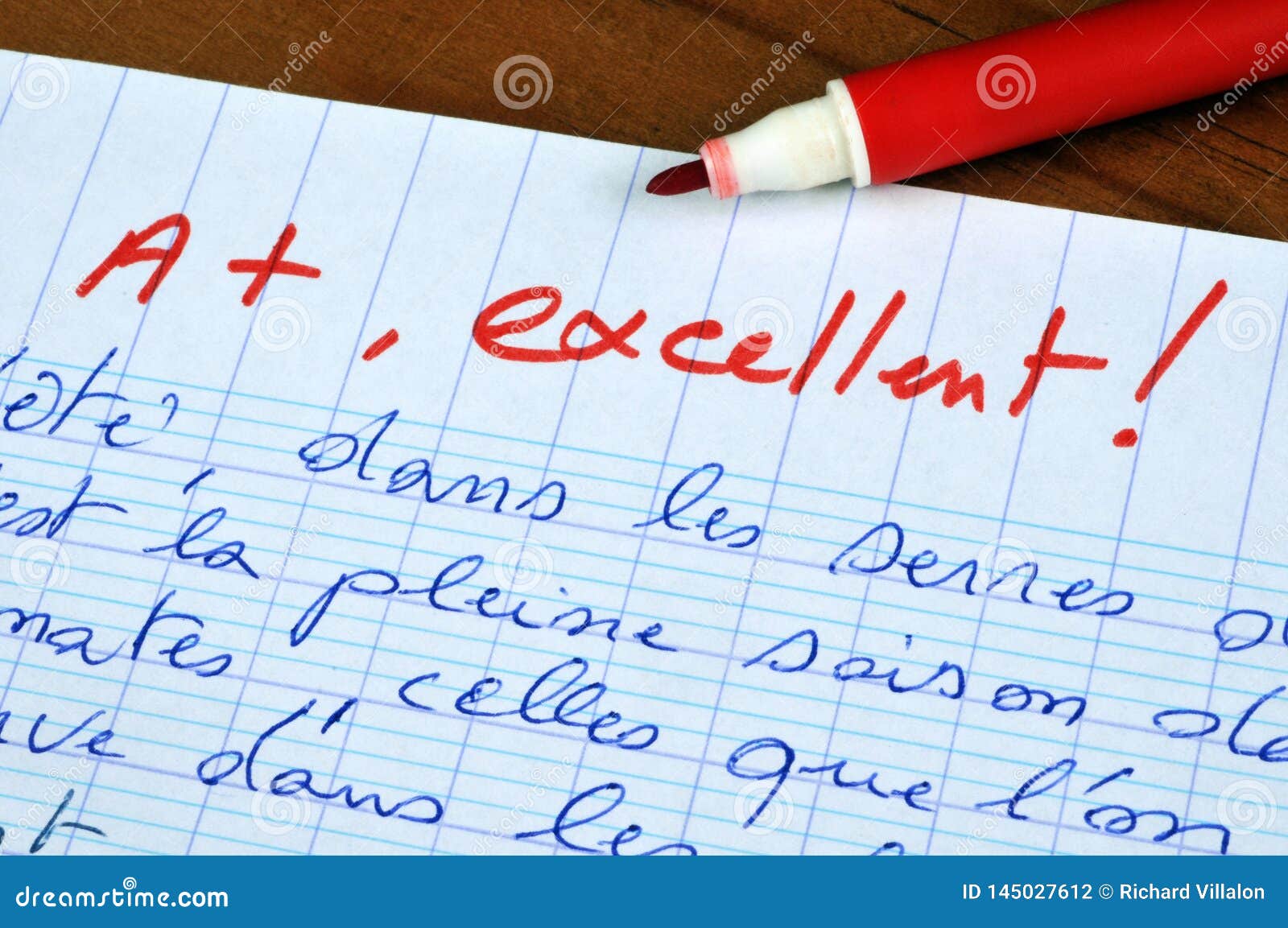 A + Excellent Written in French Stock Photo - Image of text, school ...