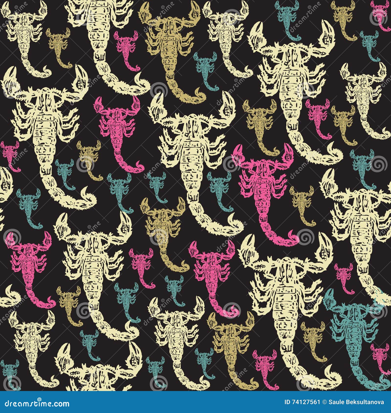 Scorpion Colourful Seamless Pattern on Black Background Stock ...