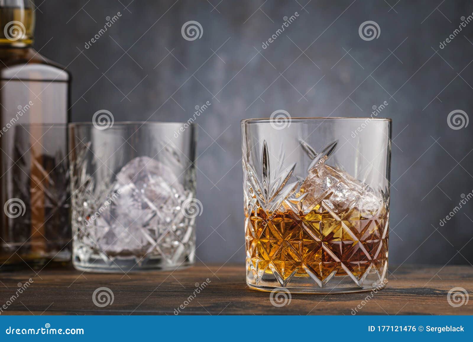 Scotch Whiskey in Glass with Ice Cubes on Background Empty Glass Stock ...
