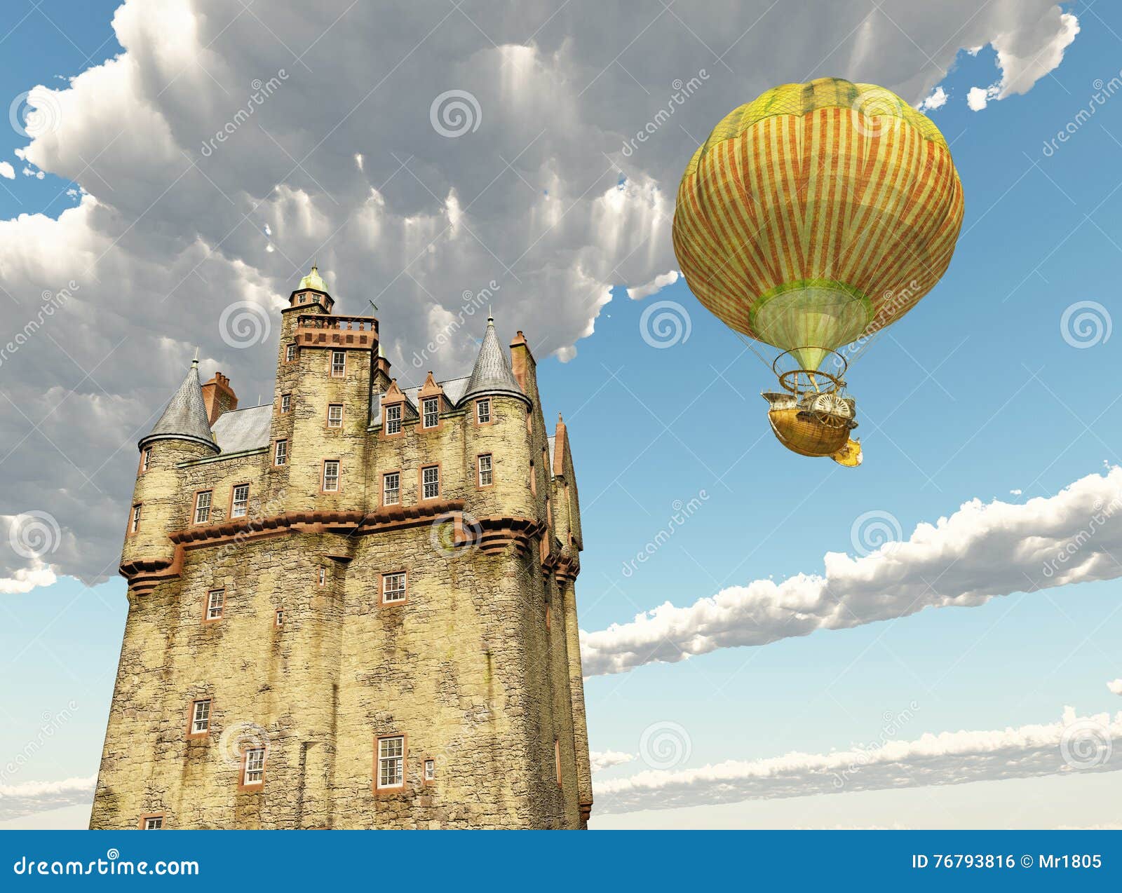 Scottish Castle and Fantasy Hot Air Balloon Stock Illustration ...