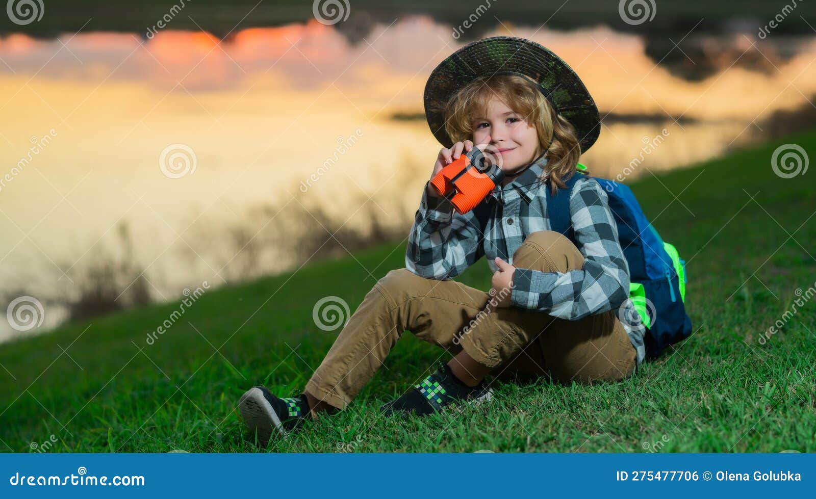 Scout Boy Wearing Explorer Hat and Backpack Outdoor. Explorer and ...