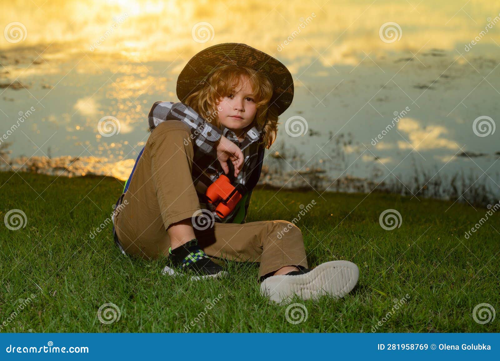 Scout Boy Wearing Explorer Hat and Backpack Outdoor. Explorer and ...