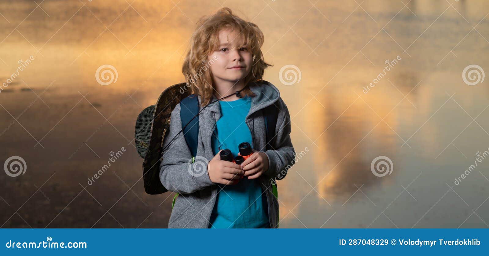 Scout Boy Wearing Explorer Hat and Backpack Outdoor. Explorer and ...