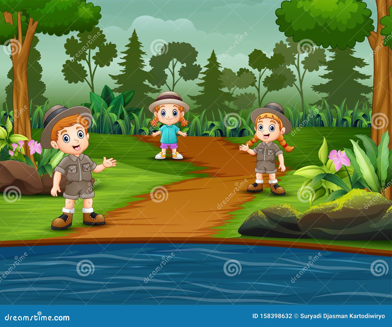 Explore Forest Banner With Man Traveler In Woods Cartoon Vector ...