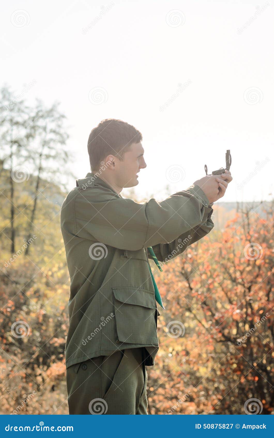 Scout Navigating in the Wilderness with Compass Stock Image - Image of ...