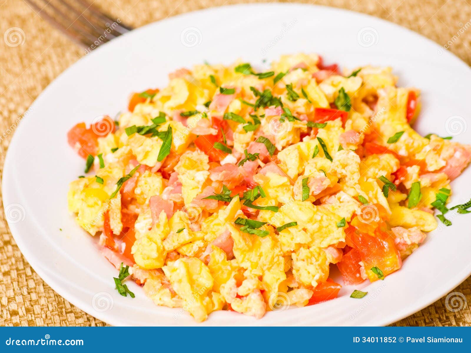 Scrambled Eggs with Ham and Vegetables Stock Photo - Image of hungry ...