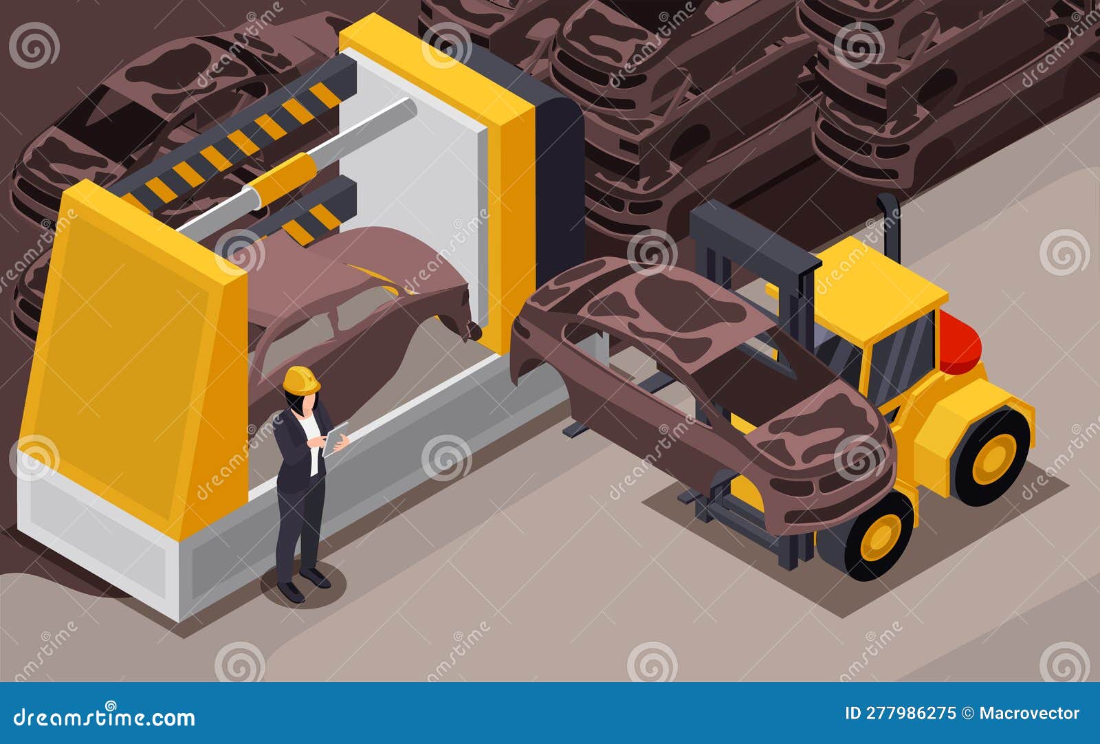 Scrap Metal Concept. Workers Work On Junkyard, Sorting Piles Of Scrap ...