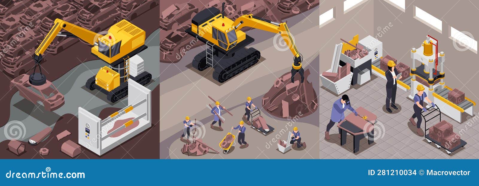 Scrap Metal Concept. Workers Work On Junkyard, Sorting Piles Of Scrap ...