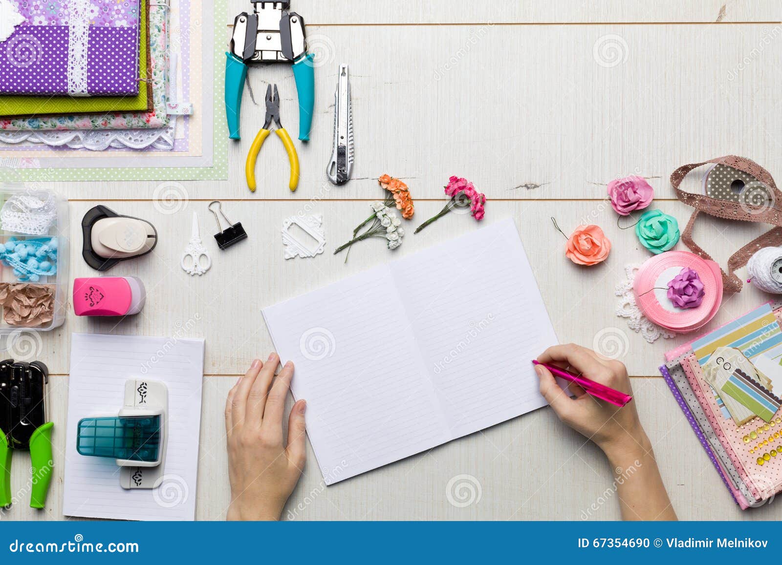 Scrapbook Background, Albums and Tools with Decoration Stock Photo ...