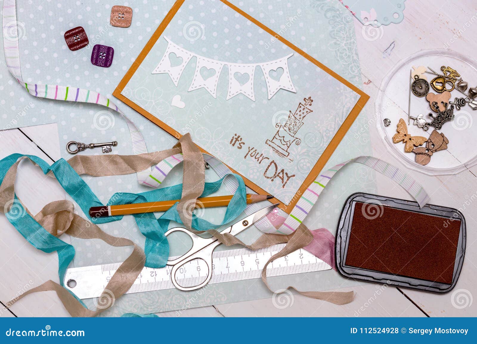 Scrapbook - Card and tools stock photo. Image of line - 112524928