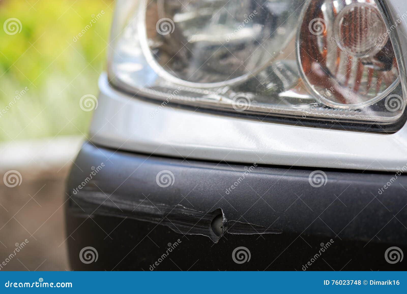 Scratch on car bumper stock photo. Image of dent, road - 76023748
