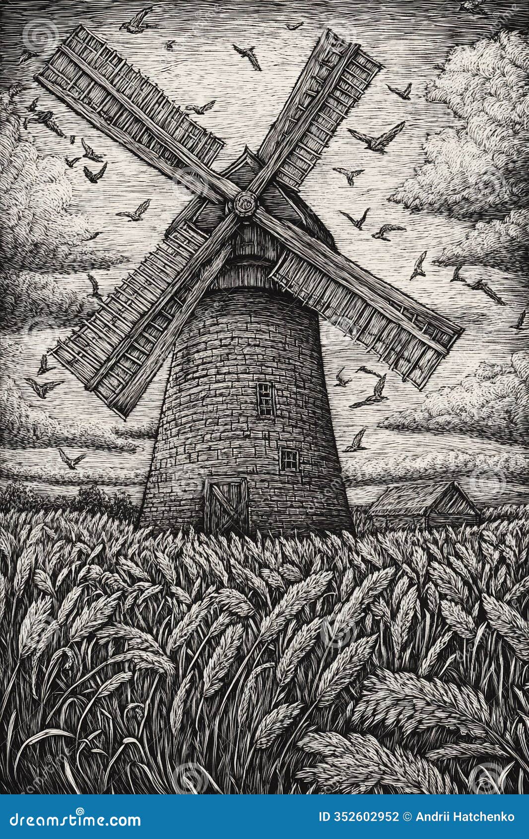 Scratch Engraving Illustration of a Historic Windmill Surrounded by ...