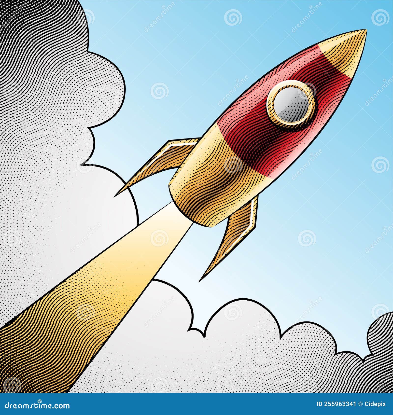 Scratchboard Engraved Diagonal Rocket and Clouds with Colorful Fill ...