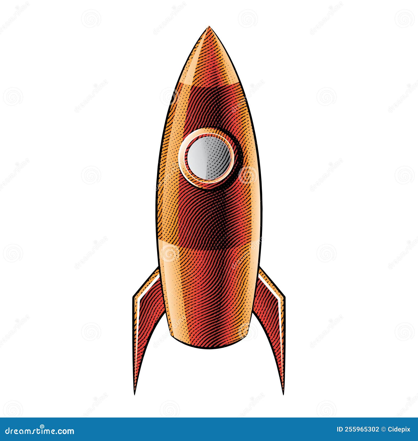 Scratchboard Engraved Orange Rocket Over a White Background Stock ...