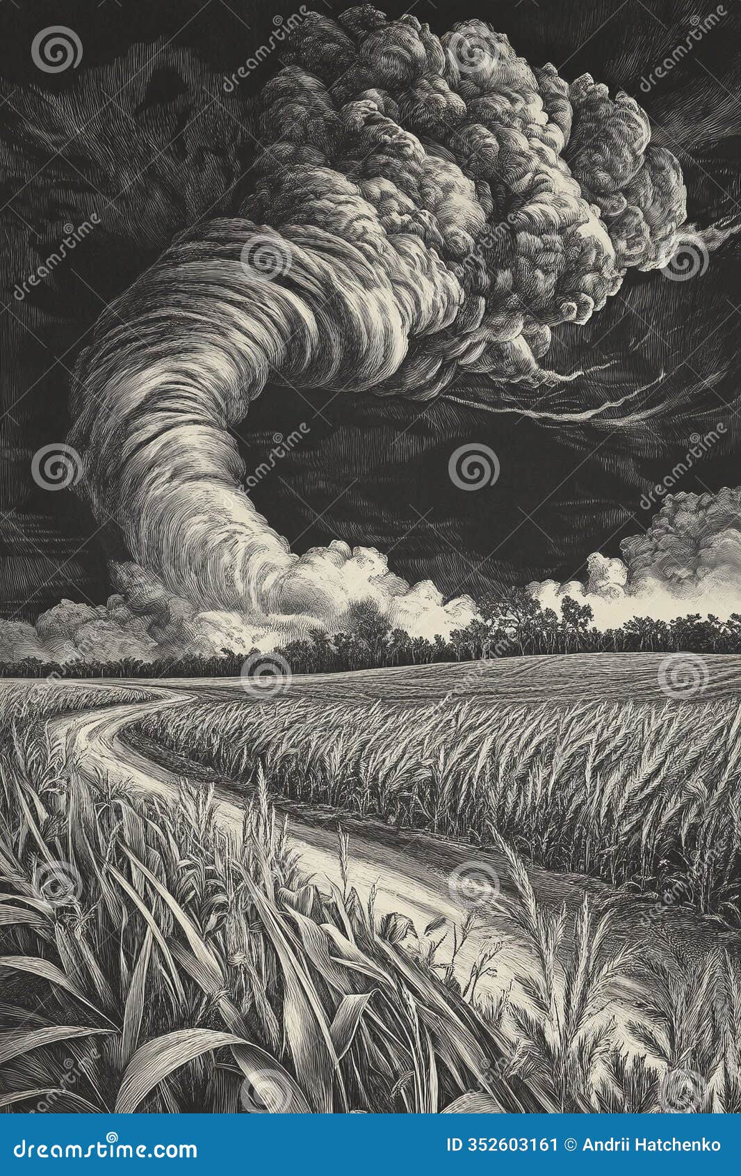 Scratchboard Illustration of a Swirling Tornado in an Open Field ...