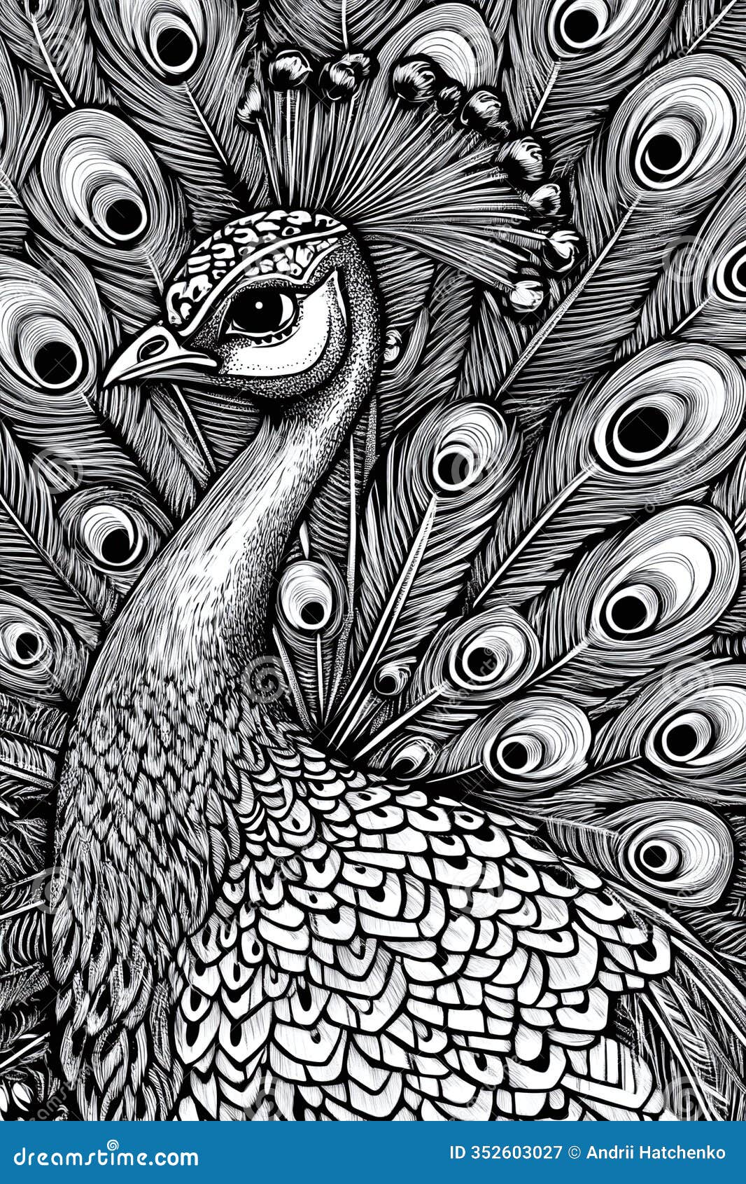 Scratchboard-style Illustration of a Regal Peacock Intricate Feather ...