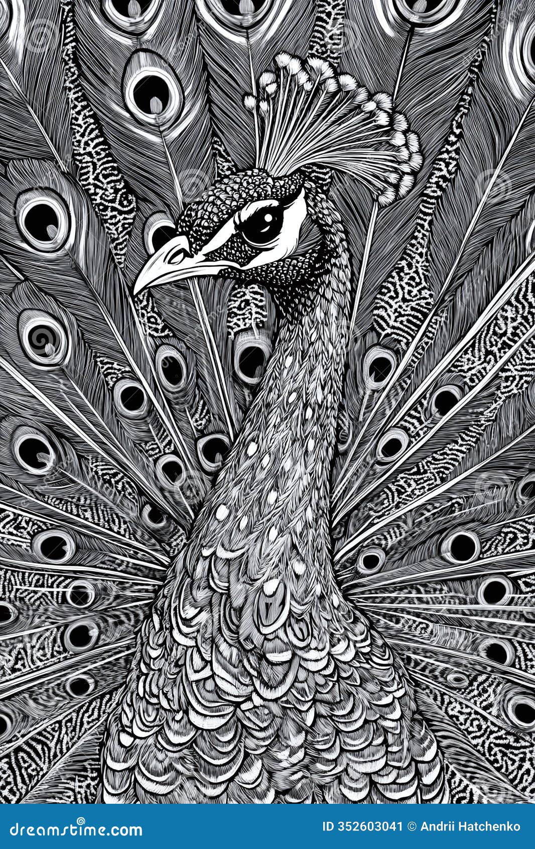 Scratchboard-style Illustration of a Regal Peacock Intricate Feather ...