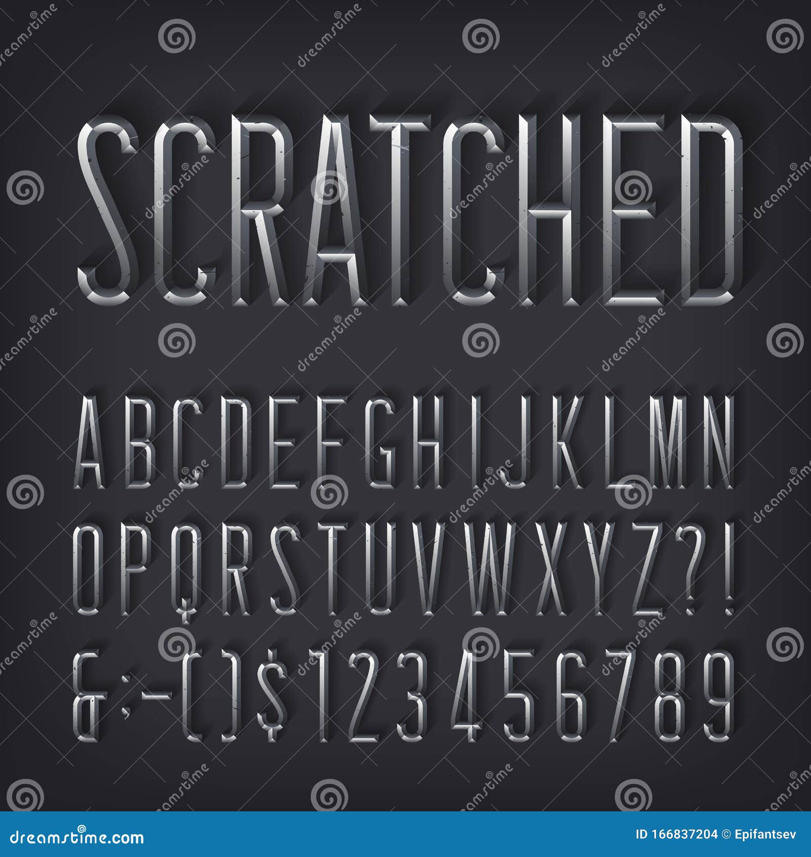 Scratched Alphabet Font. Beveled Metallic Letters and Numbers with ...
