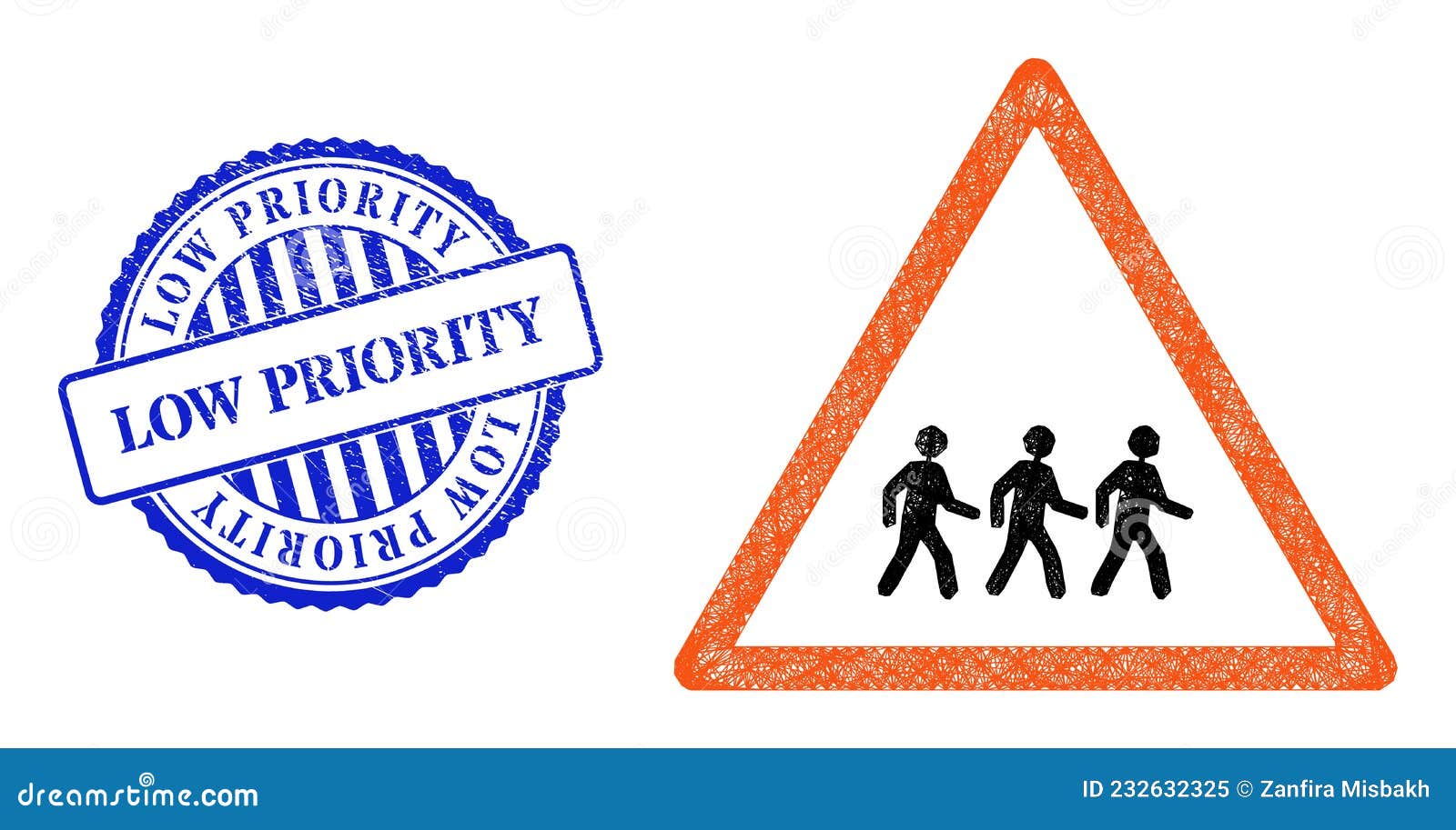 Scratched Low Priority Stamp Seal and Hatched Pedestrian Men Warning ...