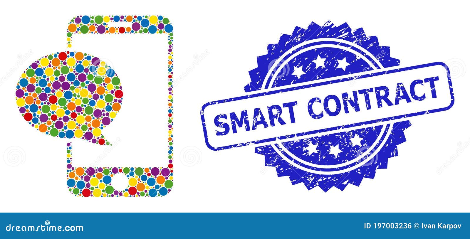 Scratched Smart Contract Stamp Seal and Colored Collage Smartphone ...