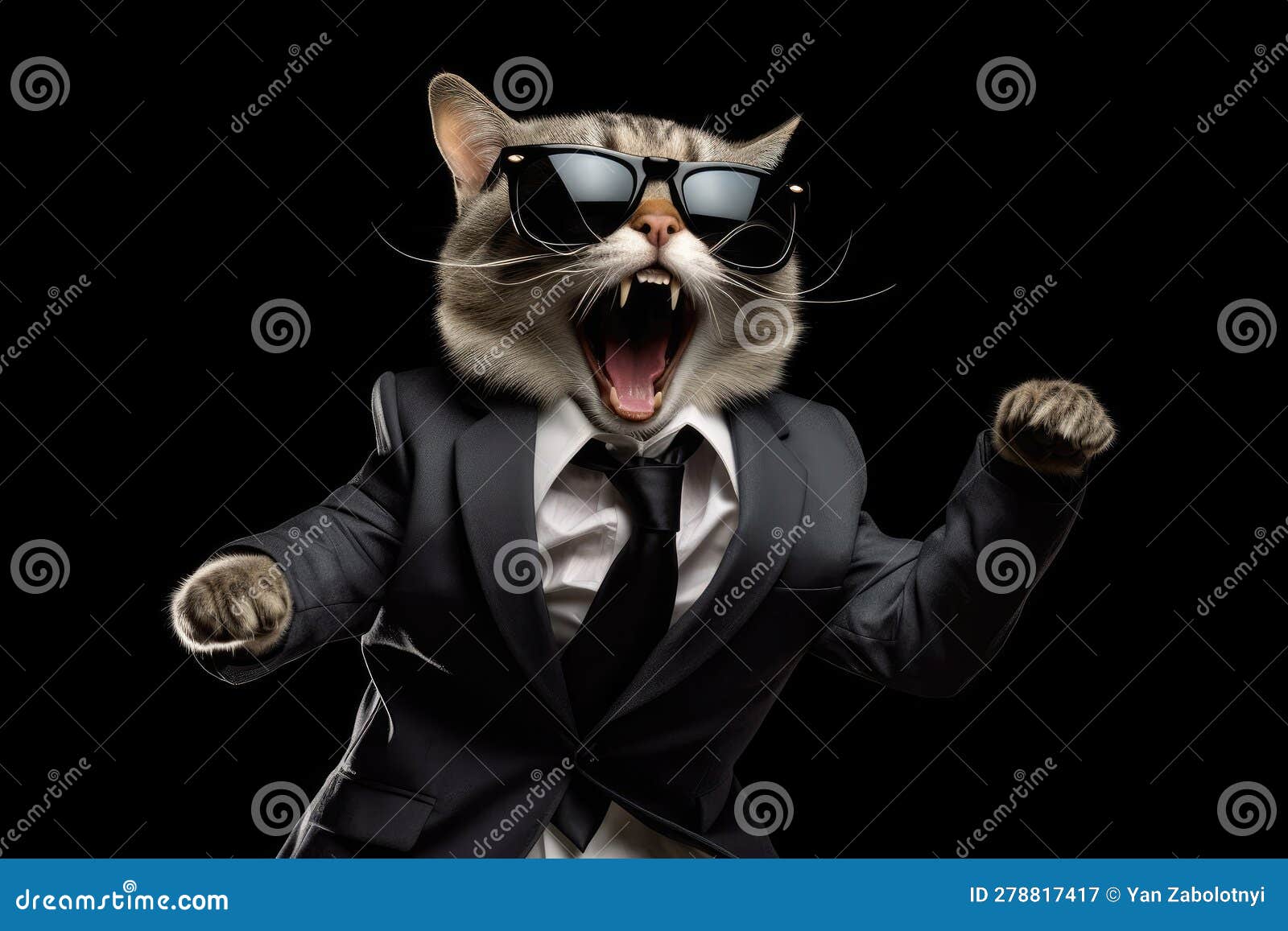 Screaming Cat in Suit and Sunglasses on Black Background. Generative AI ...