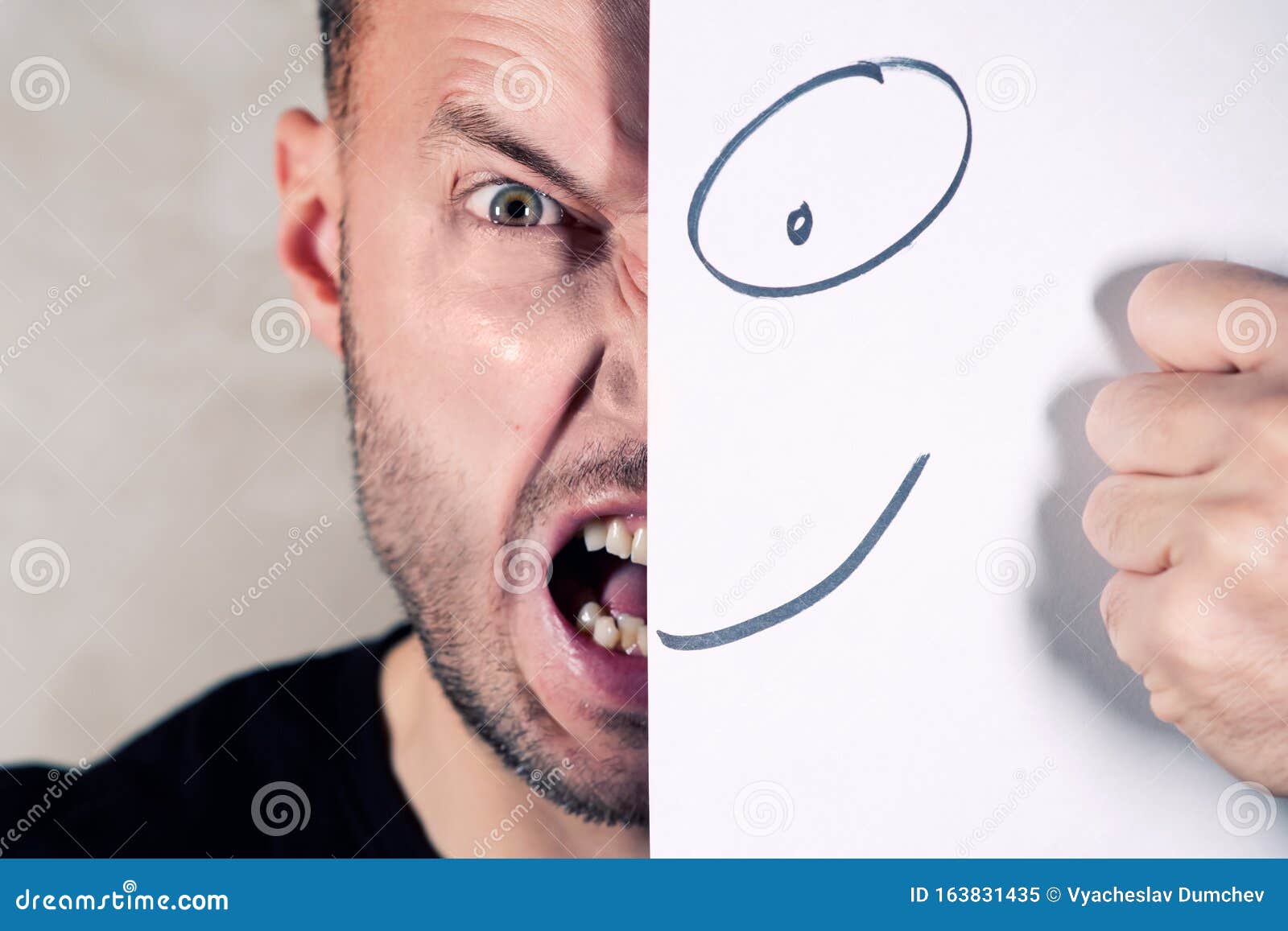 Screaming Man Covers Half Face with Painted Smile Stock Image - Image ...